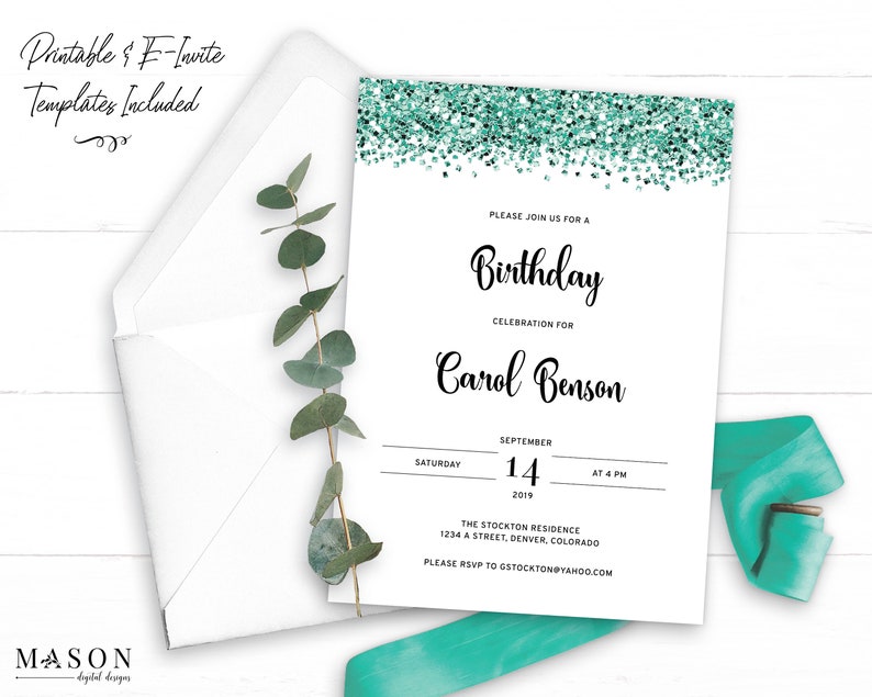 Mint Green Birthday Party Invitation Sparkling Glitter Invite - Etsy