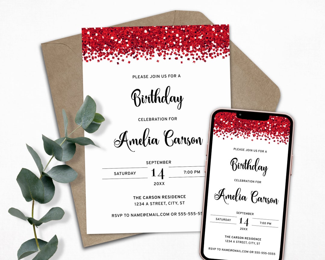 Red Birthday Party Invitation, Sparkling Glitter Invite for a Glam ...