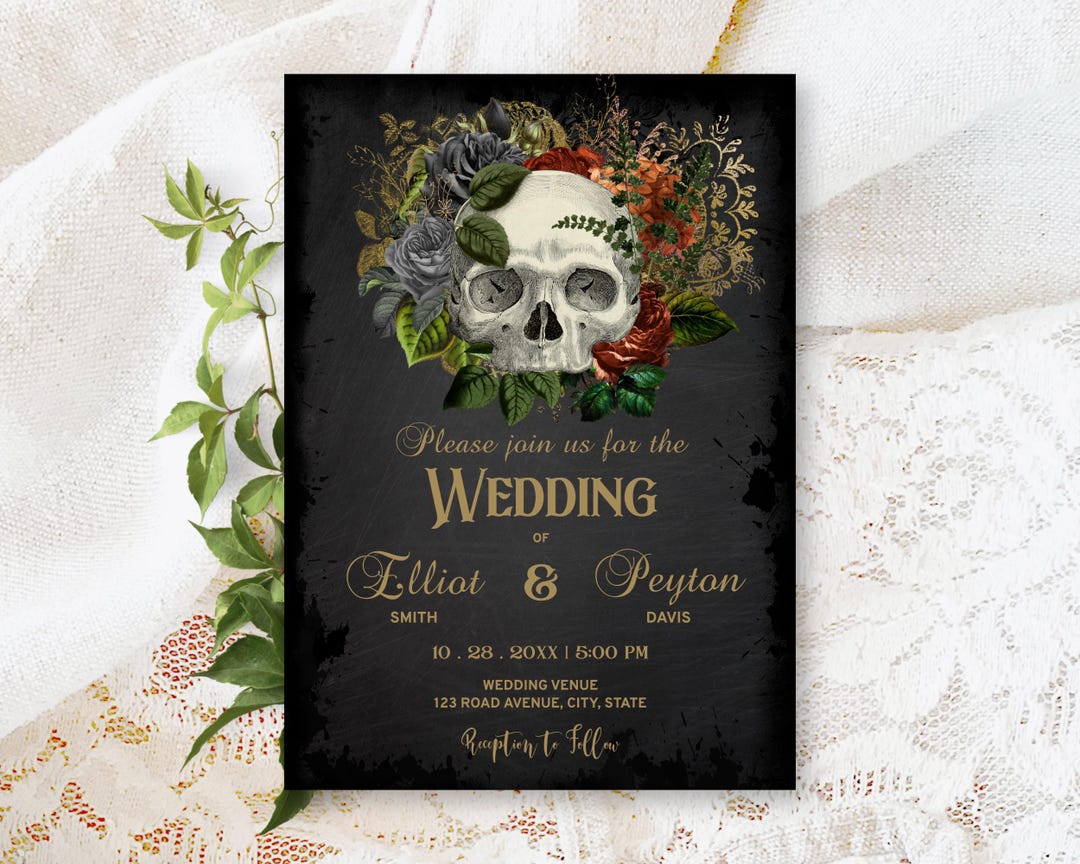 Gothic Wedding Invitation Suite – Elegant Floral Skull With Burnt ...