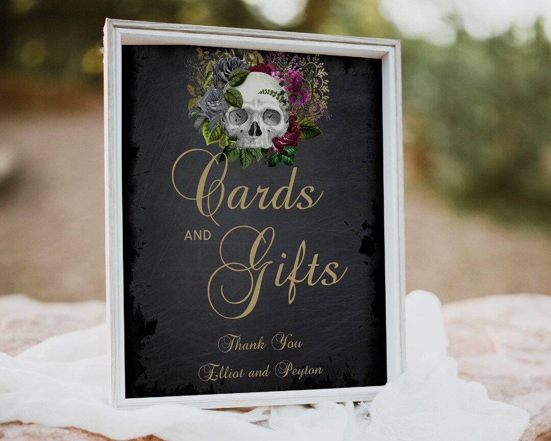 Goth Gift Table Sign With a Masquerade Skull of Pink Flowers and Black ...