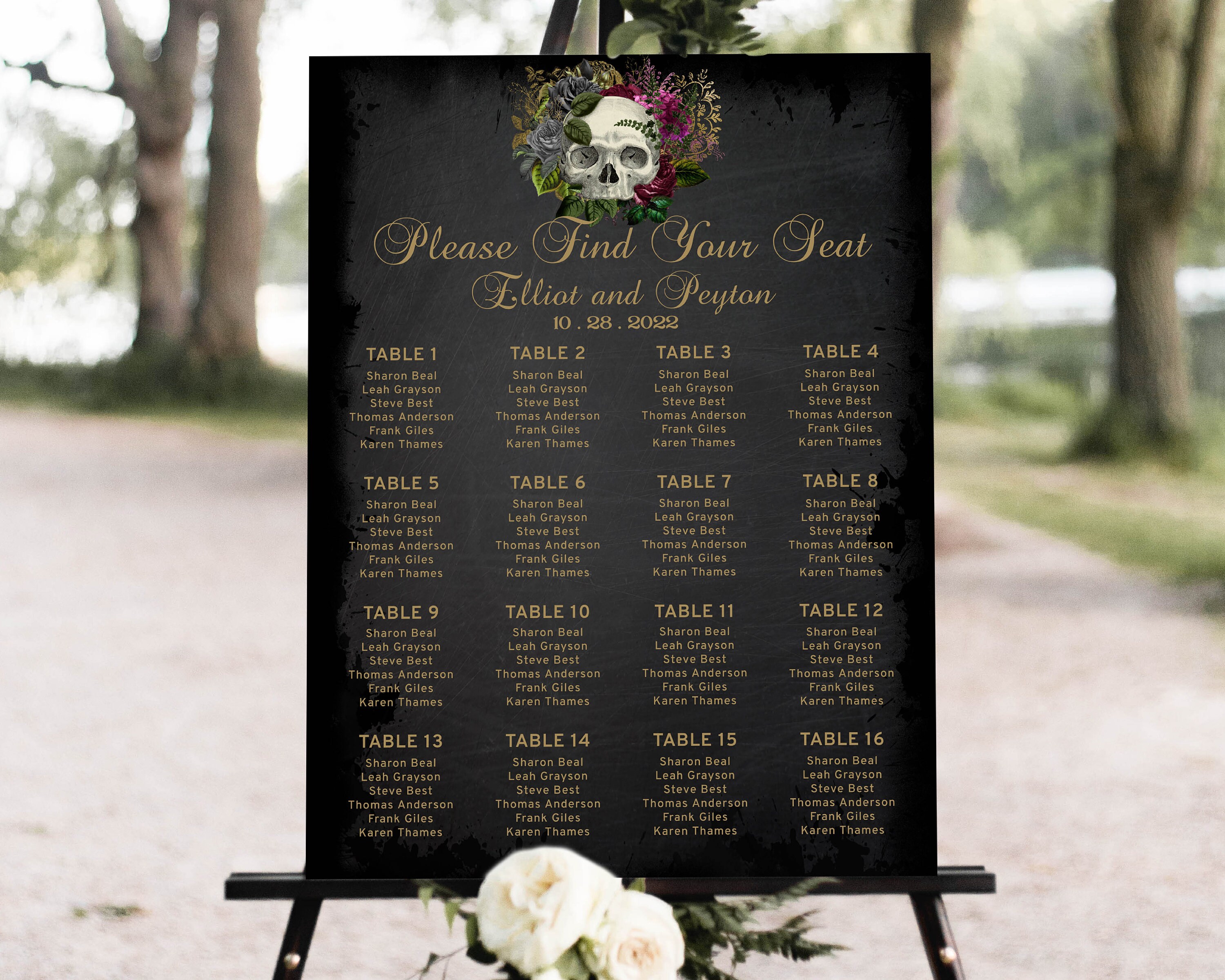 Goth Wedding Seating Chart With a Masquerade Skull of Pink Flowers and ...
