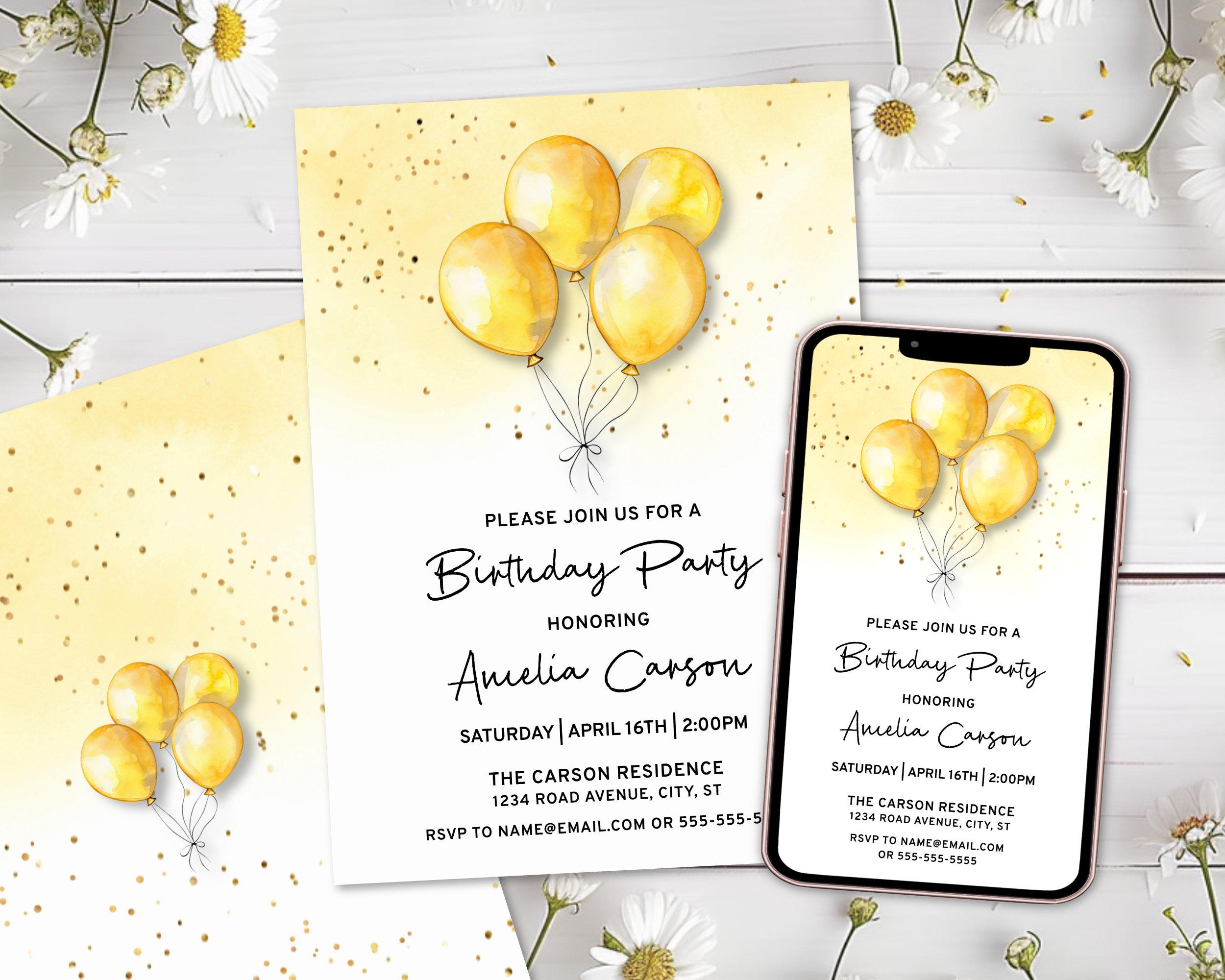 Yellow Balloon Birthday Party Invitation Template, Printable and ...