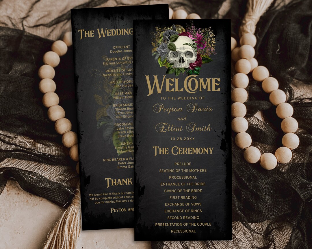 Goth Wedding Program Template Download With a Masquerade Skull of Pink Flowers and Black Roses ...