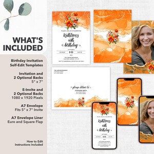 Orange Floral Birthday Party Invitation Template With Orange Watercolor ...