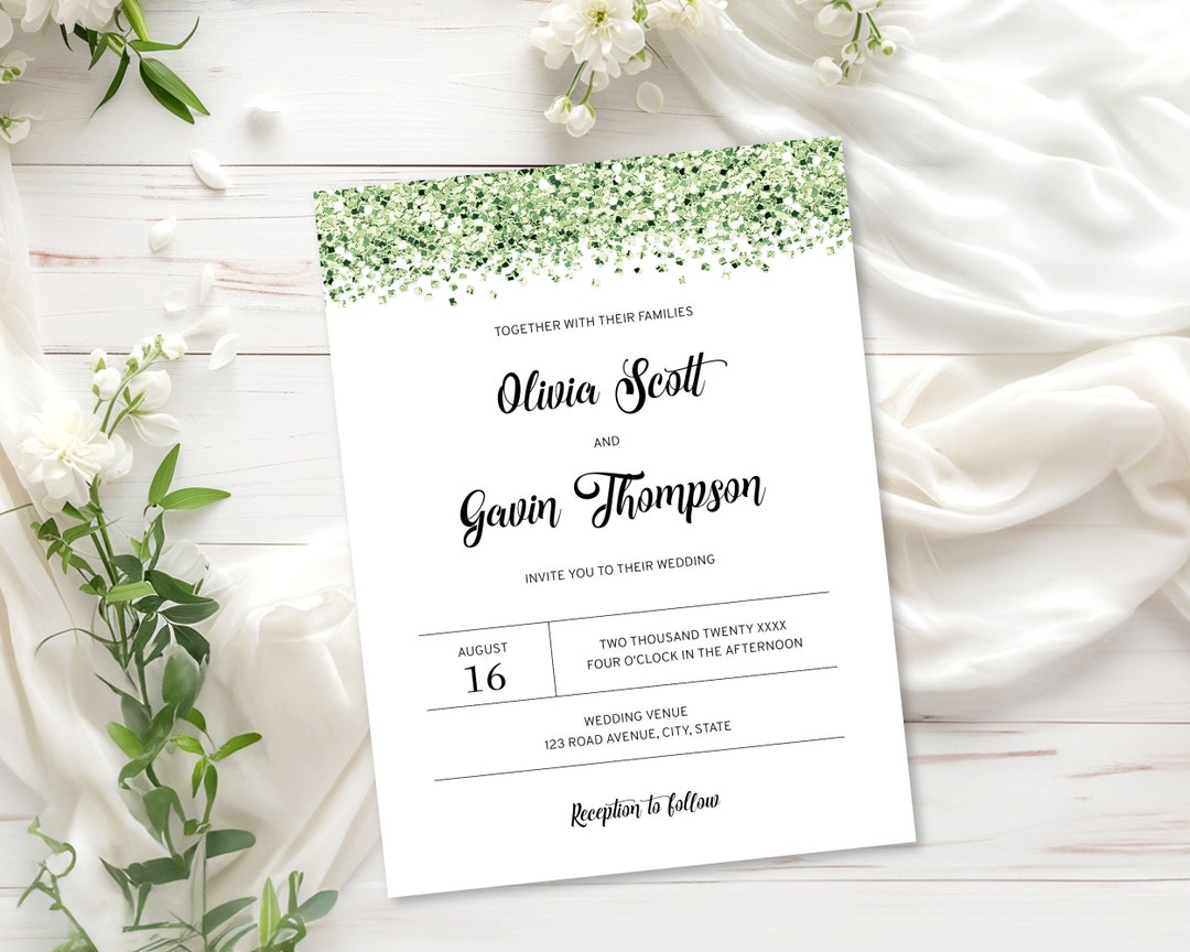 Light Green Wedding Invitation Template, Glitter Wedding Invitation ...