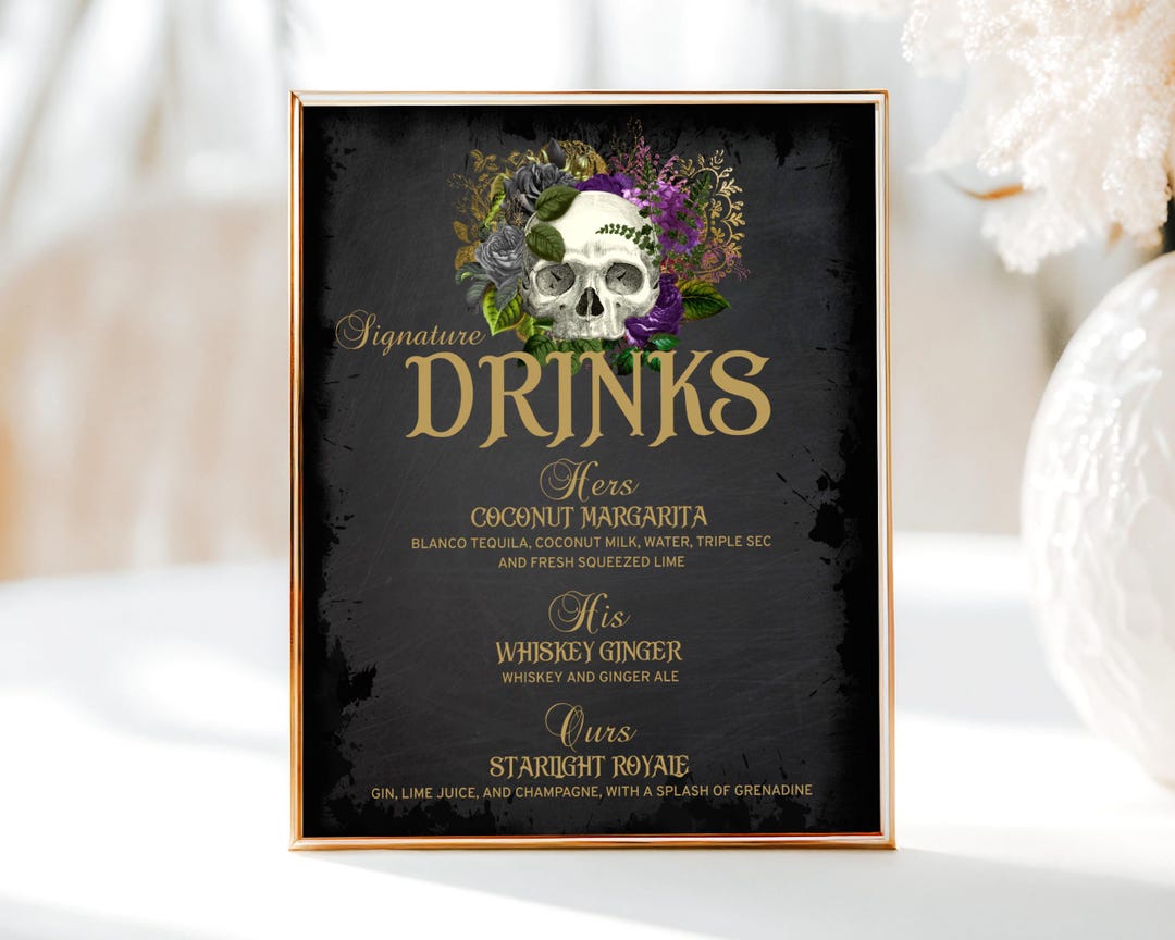 Goth Wedding Bar Menu With a Masquerade Skull of Purple Flowers and ...