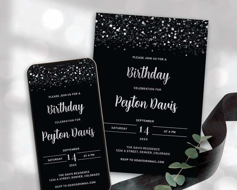 Black on Black Birthday Invitation Template Printable Glitter - Etsy
