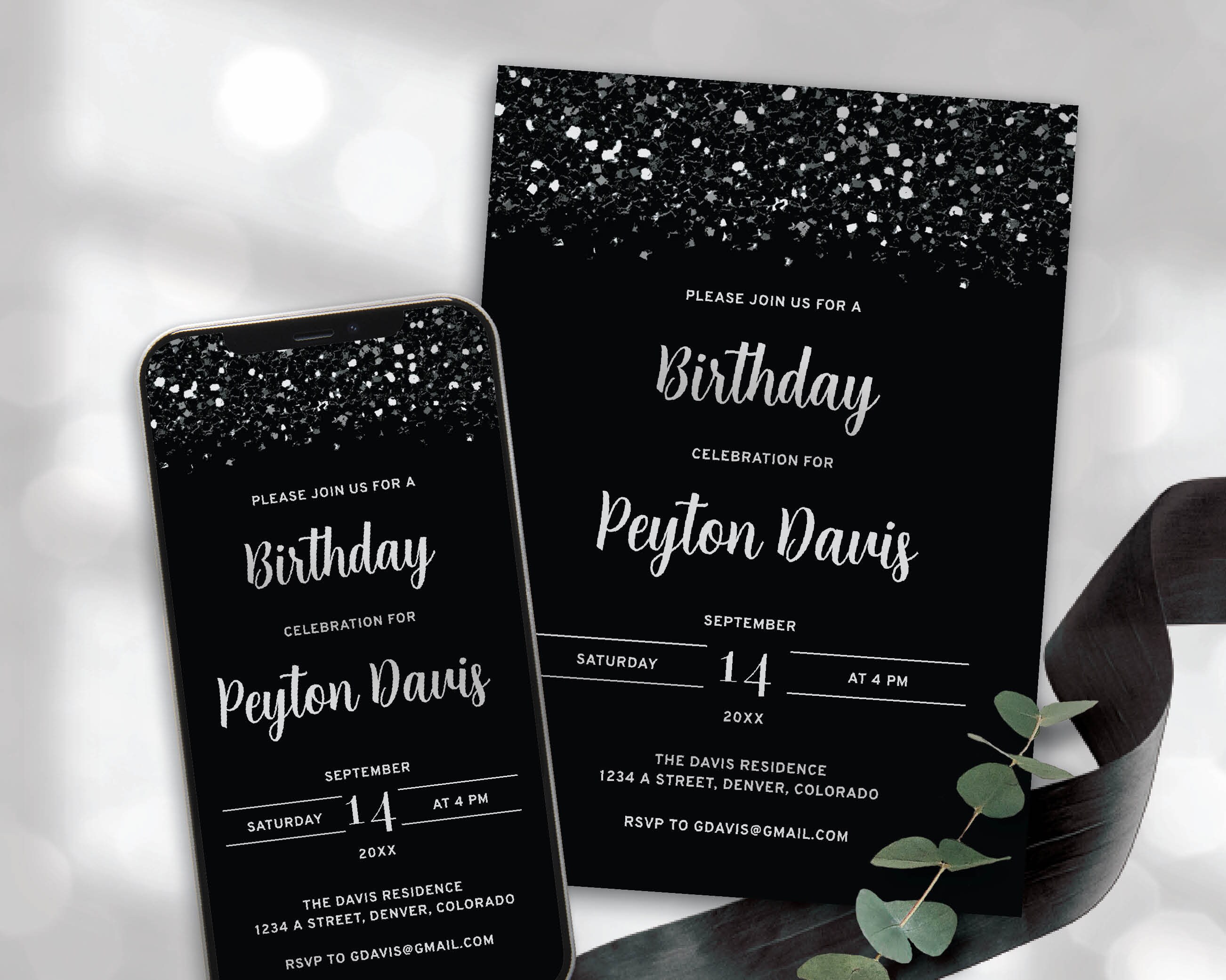 Black on Black Birthday Invitation Template Printable Glitter - Etsy