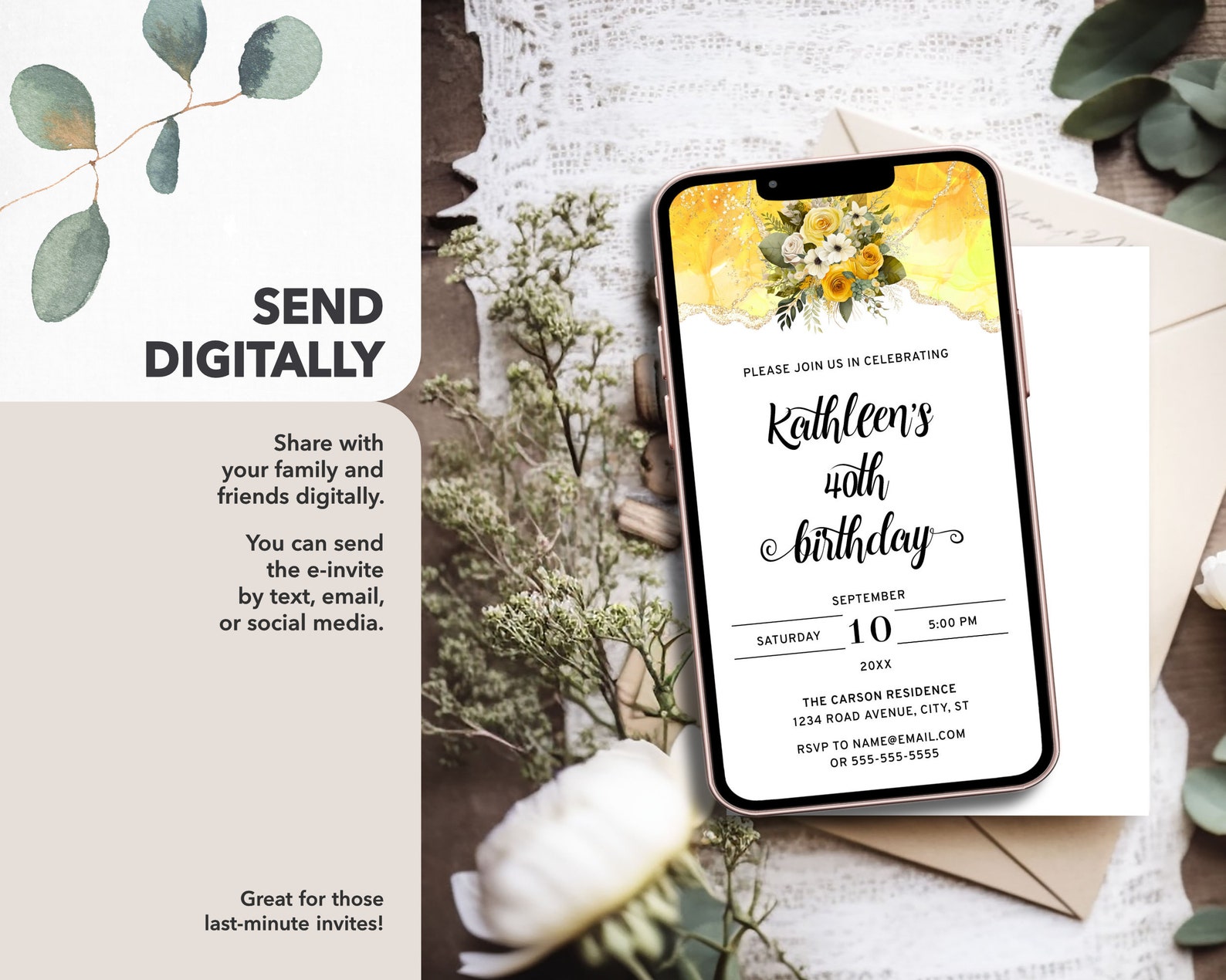 Yellow Floral Birthday Party Invitation Template With Yellow Watercolor ...