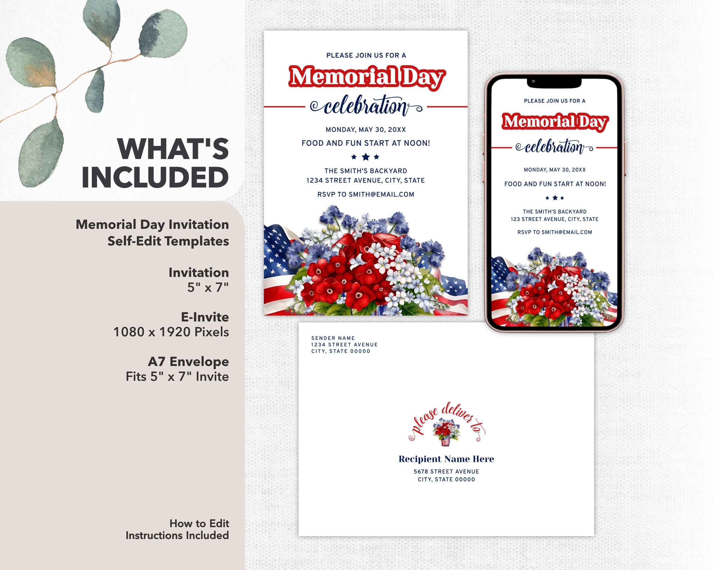 MEMORIAL DAY INVITATION, Red White Blue Patriotic Invitation, Printable ...