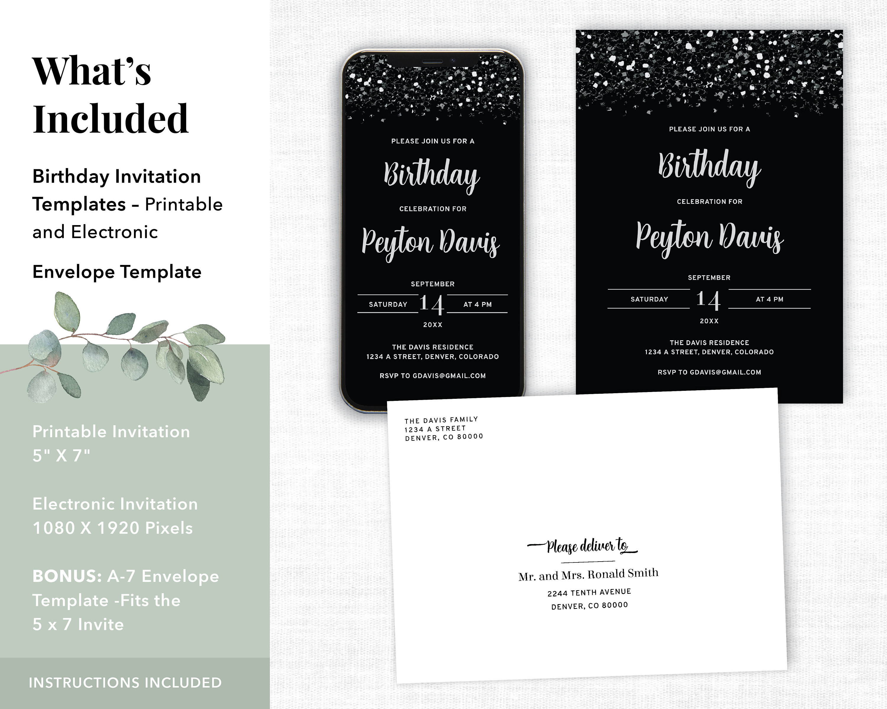 Black on Black Birthday Invitation Template Printable Glitter - Etsy