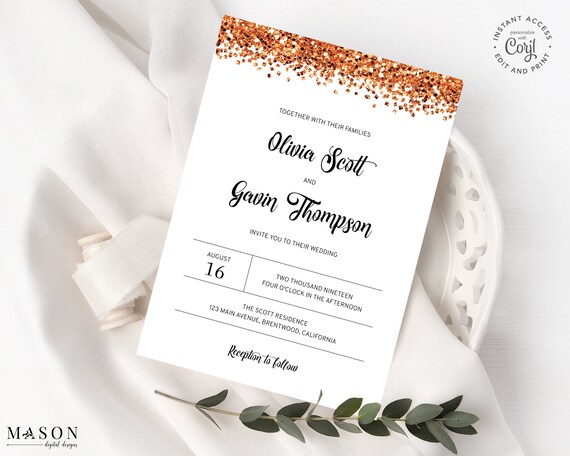 Copper Wedding Invitation Template Glitter Wedding Invitation - Etsy