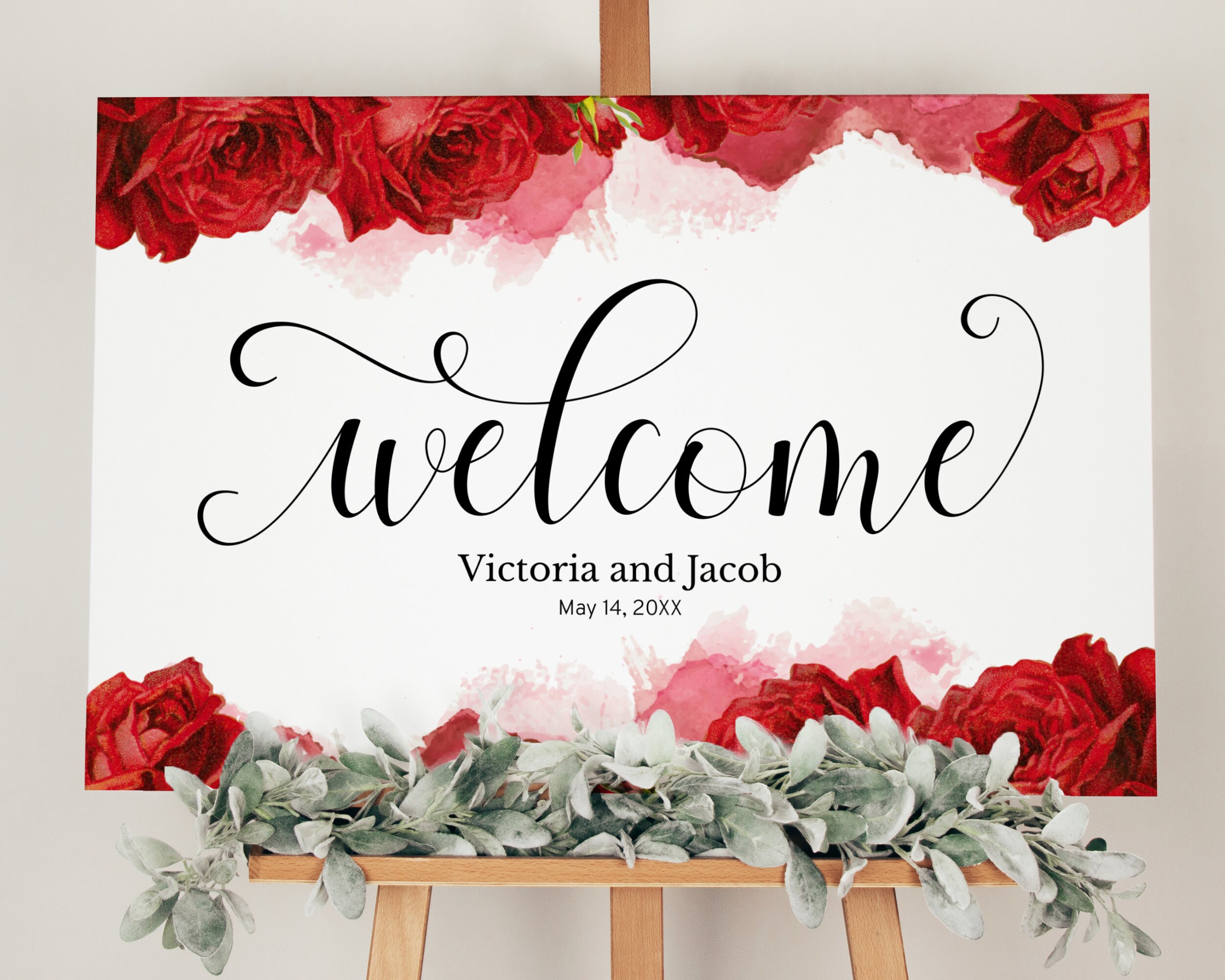 Red Wedding Welcome Sign Template With Red Roses and Red Watercolor ...