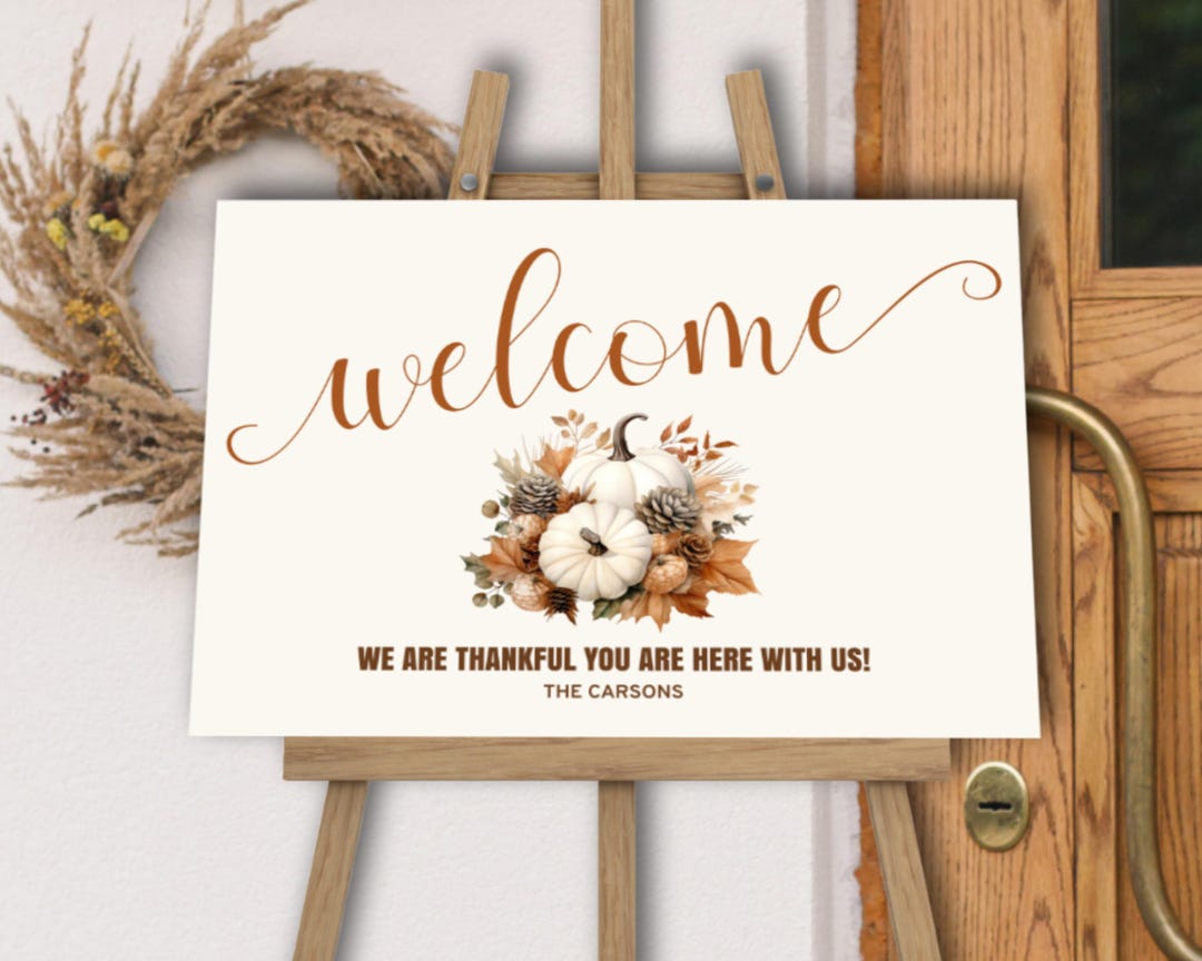 Thanksgiving Welcome Sign Template With White Pumpkins in a Fall ...