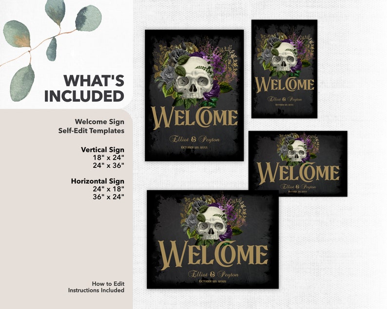 Goth Wedding Welcome Sign Template With a Masquerade Skull of Purple ...