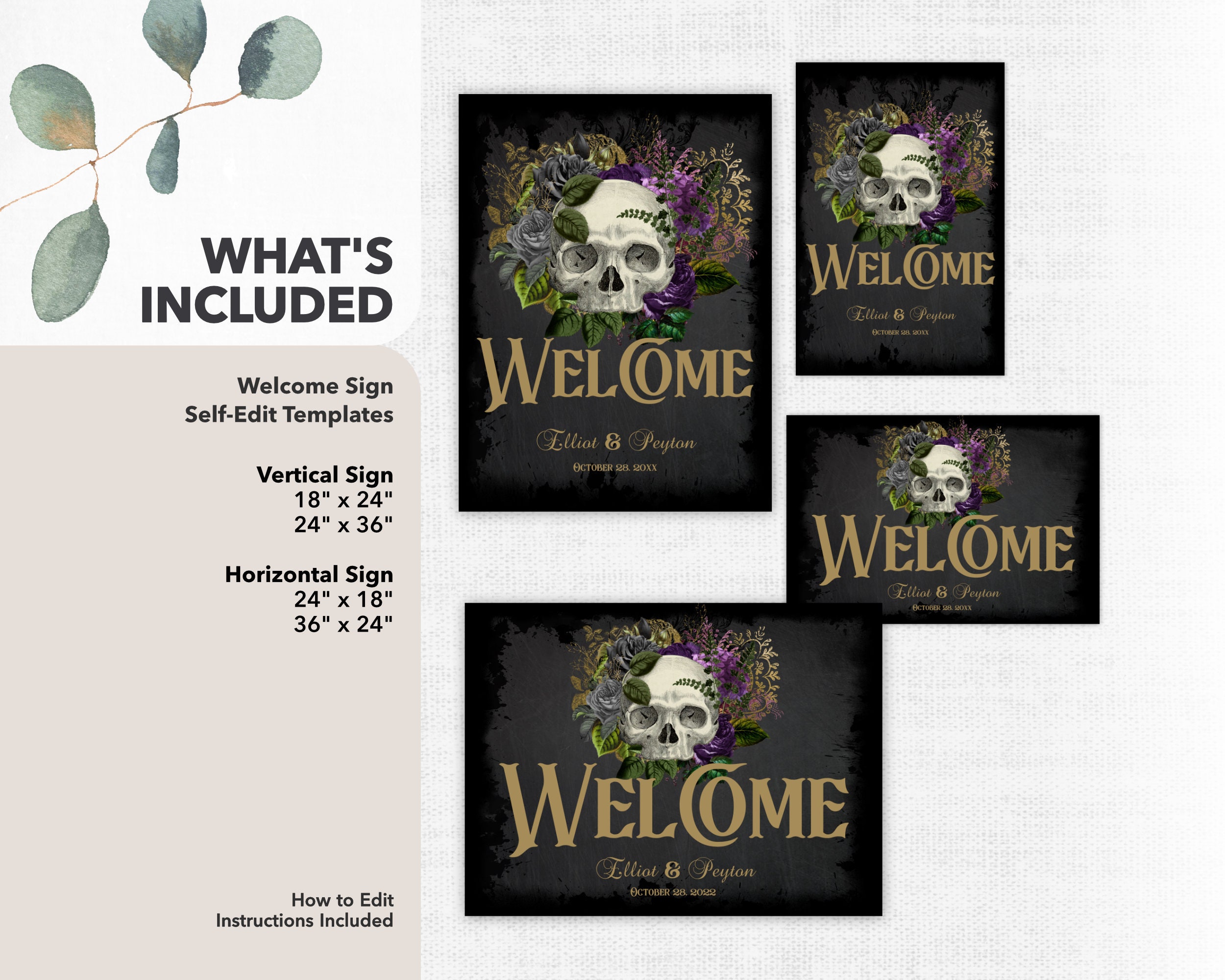 Goth Wedding Welcome Sign Template With a Masquerade Skull of Purple ...
