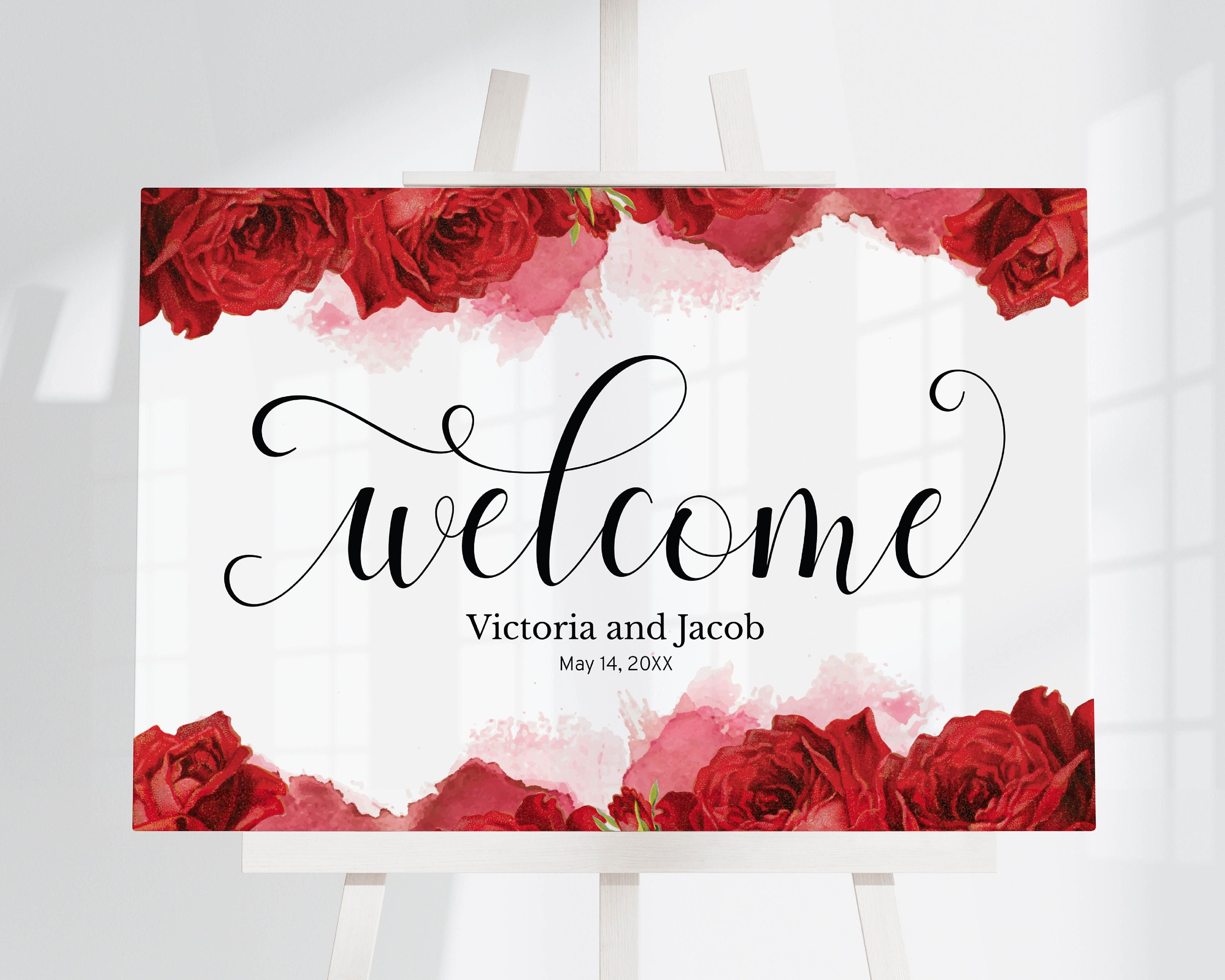 Red Wedding Welcome Sign Template With Red Roses and Red Watercolor ...