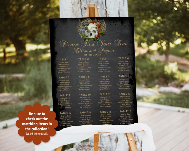 Goth Wedding Seating Chart With a Masquerade Skull of Burnt Orange ...