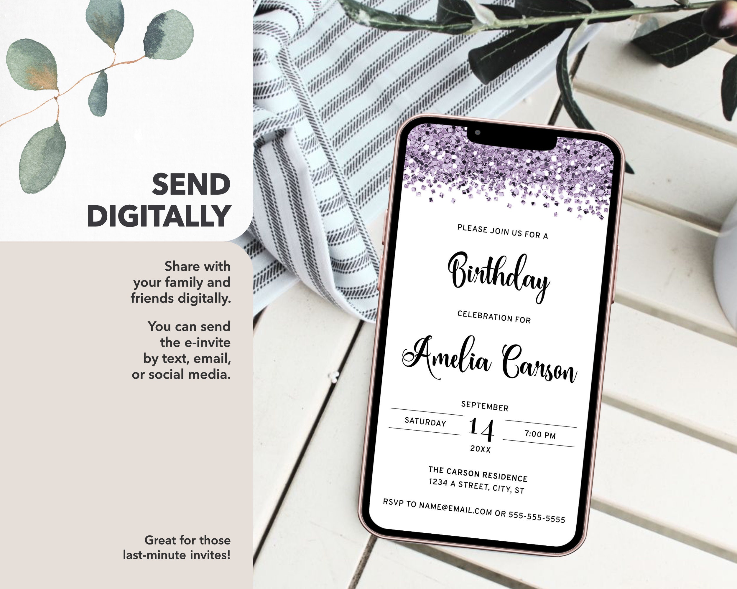 Lavender Birthday Party Invitation, Sparkling Glitter Invite for a Glam ...