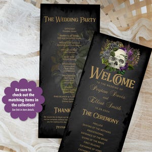 Goth Wedding Program Template With a Masquerade Skull of Purple Flowers and Black Roses, Gothic ...