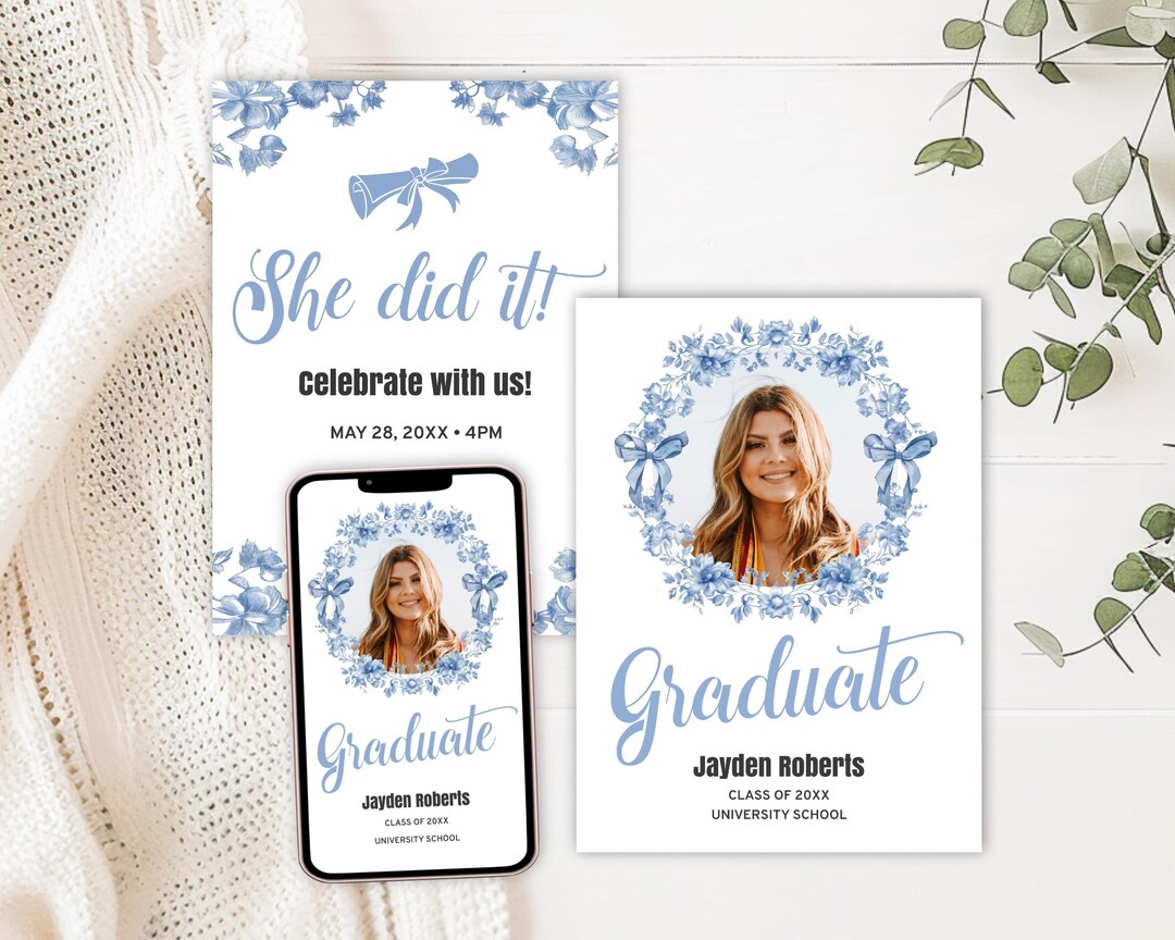 Blue Graduation Invitation Template – Floral Toile Photo Announcement ...