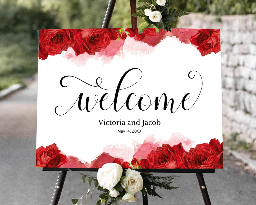 Red Wedding Welcome Sign Template With Red Roses and Red Watercolor ...