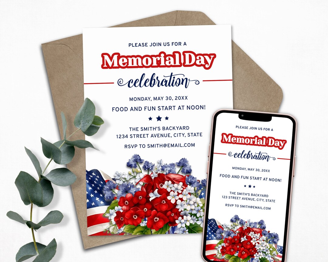 MEMORIAL DAY INVITATION, Red White Blue Patriotic Invitation, Printable ...