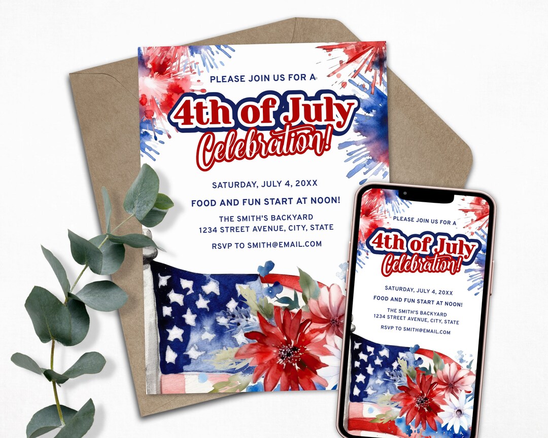 4TH of JULY INVITATION, Red White Blue Patriotic Invitation, Fireworks ...