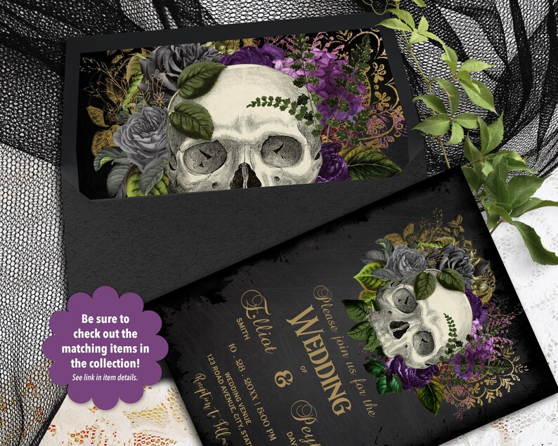 Goth Wedding Envelope Liners With a Masquerade Skull of Purple Flowers ...