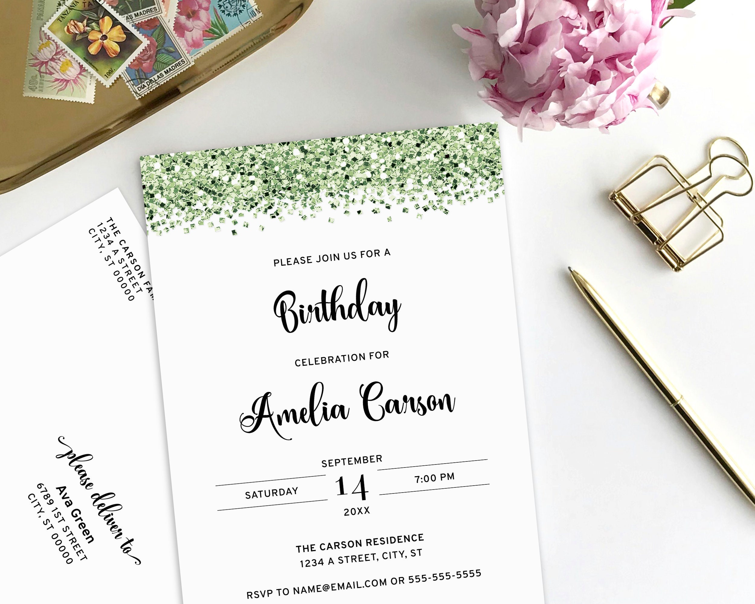 Light Green Birthday Party Invitation, Sparkling Glitter Invite for a ...
