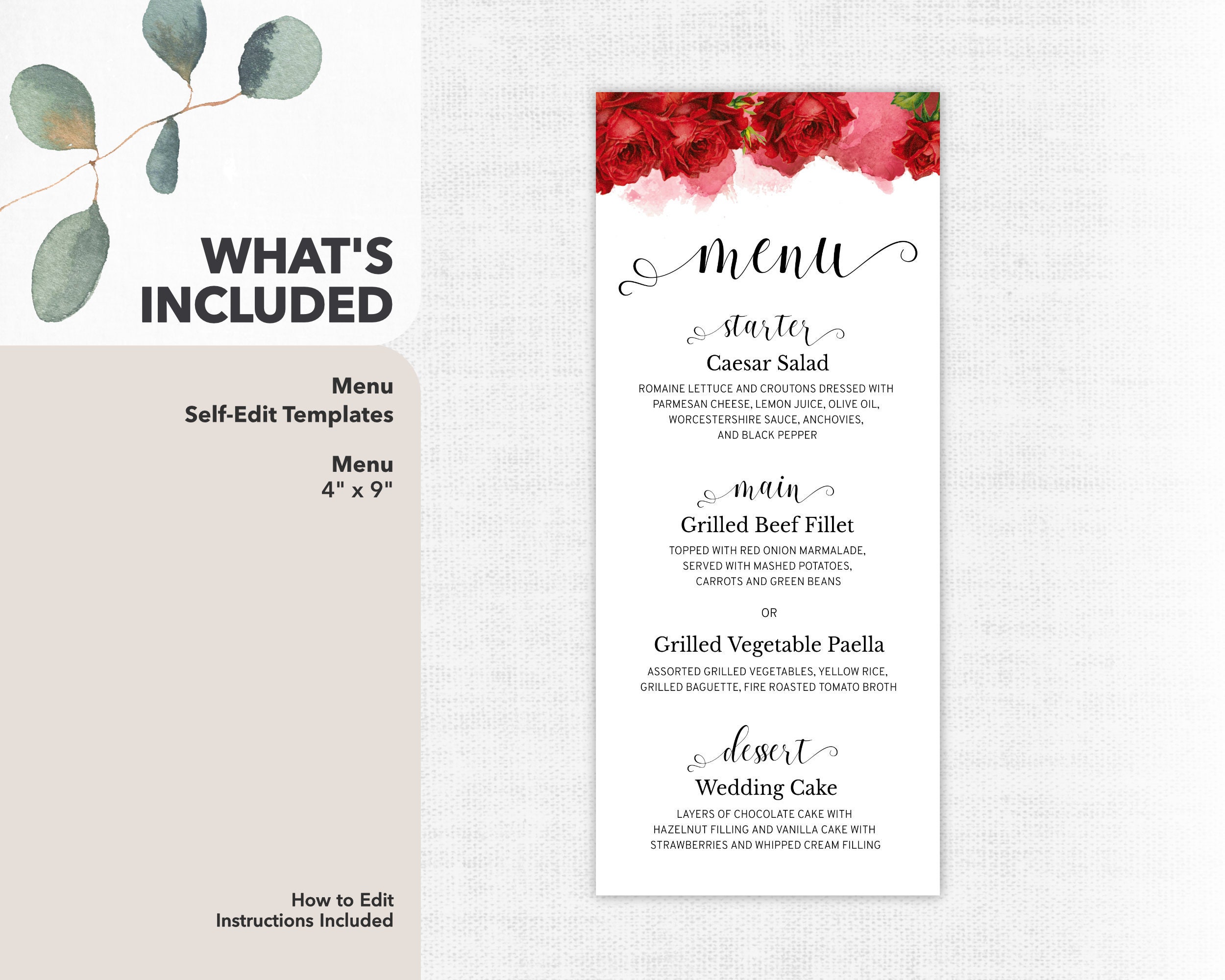 Wedding Menu Printable Template With Red Roses and Red Watercolor ...