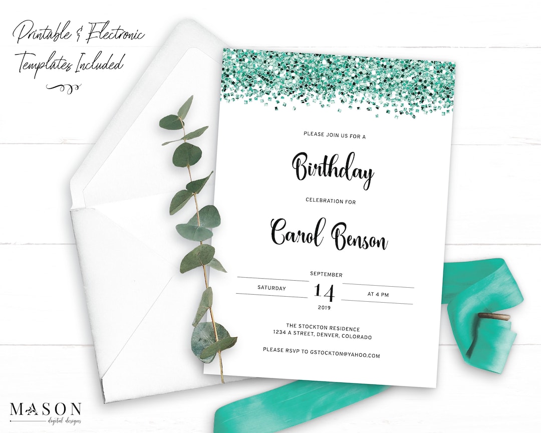 Mint Green Birthday Party Invitation Template DIY Printable - Etsy