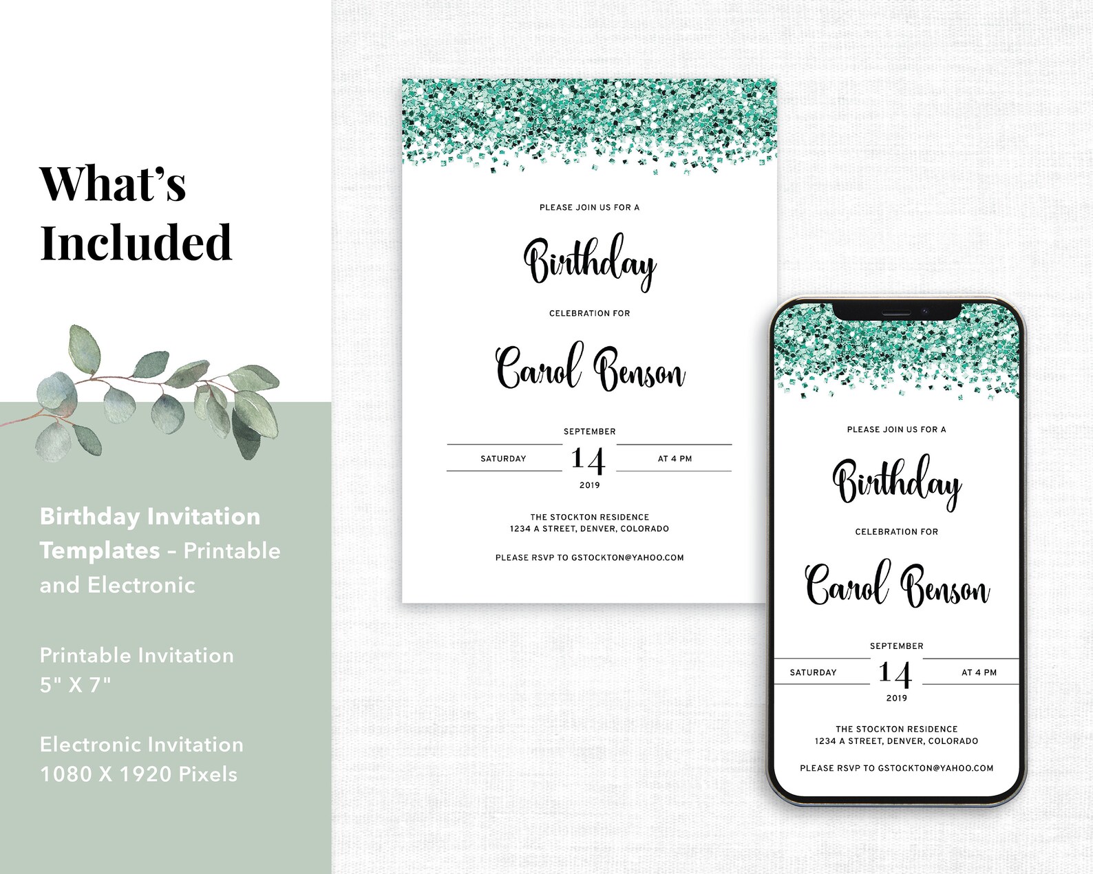 Mint Green Birthday Party Invitation Sparkling Glitter Invite - Etsy