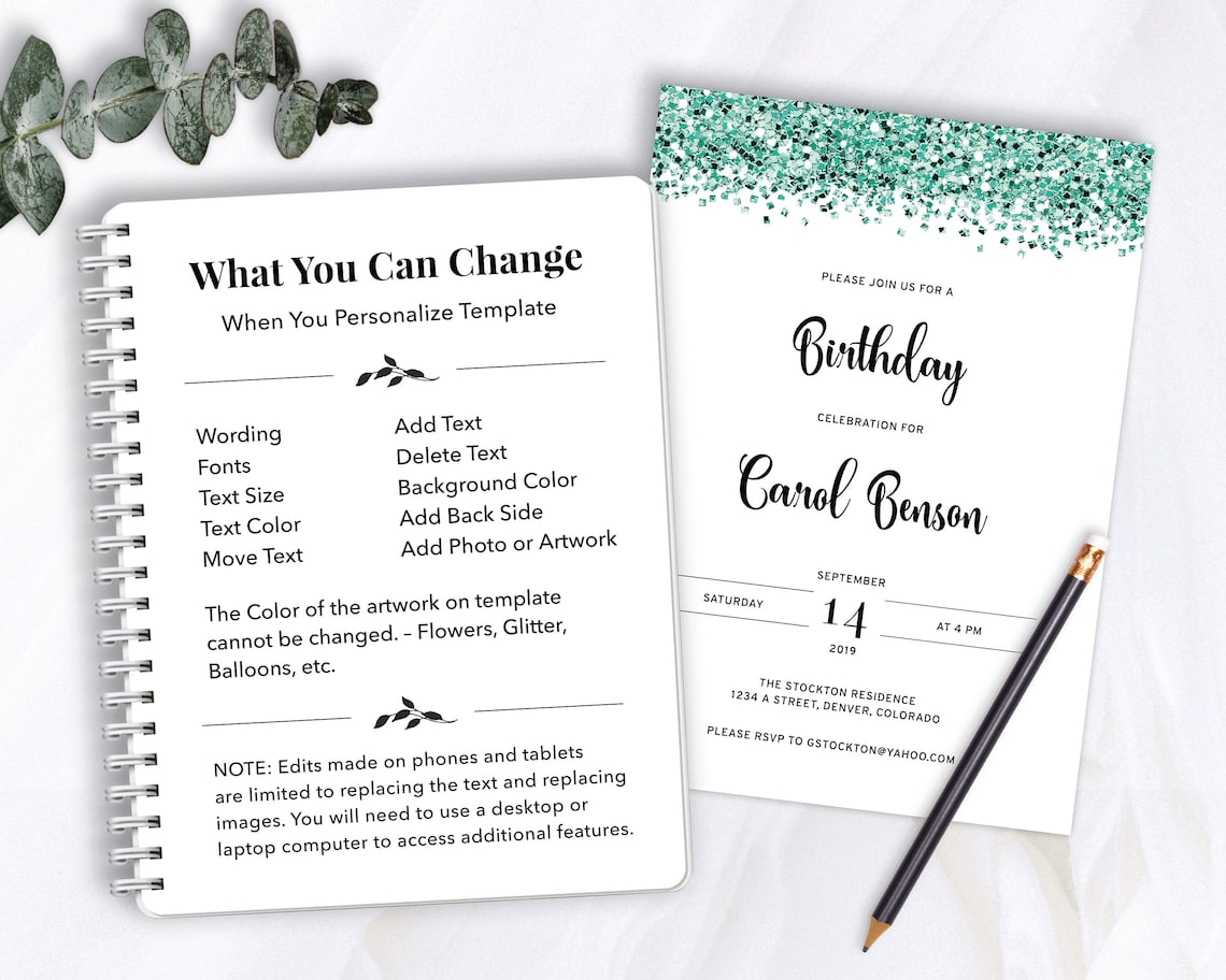 Mint Green Birthday Party Invitation Template DIY Printable | Etsy