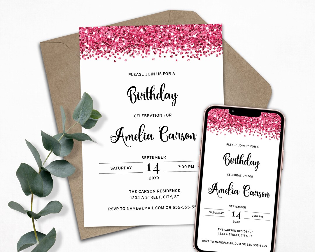 Rose Pink Birthday Party Invitation, Sparkling Glitter Invite for a ...