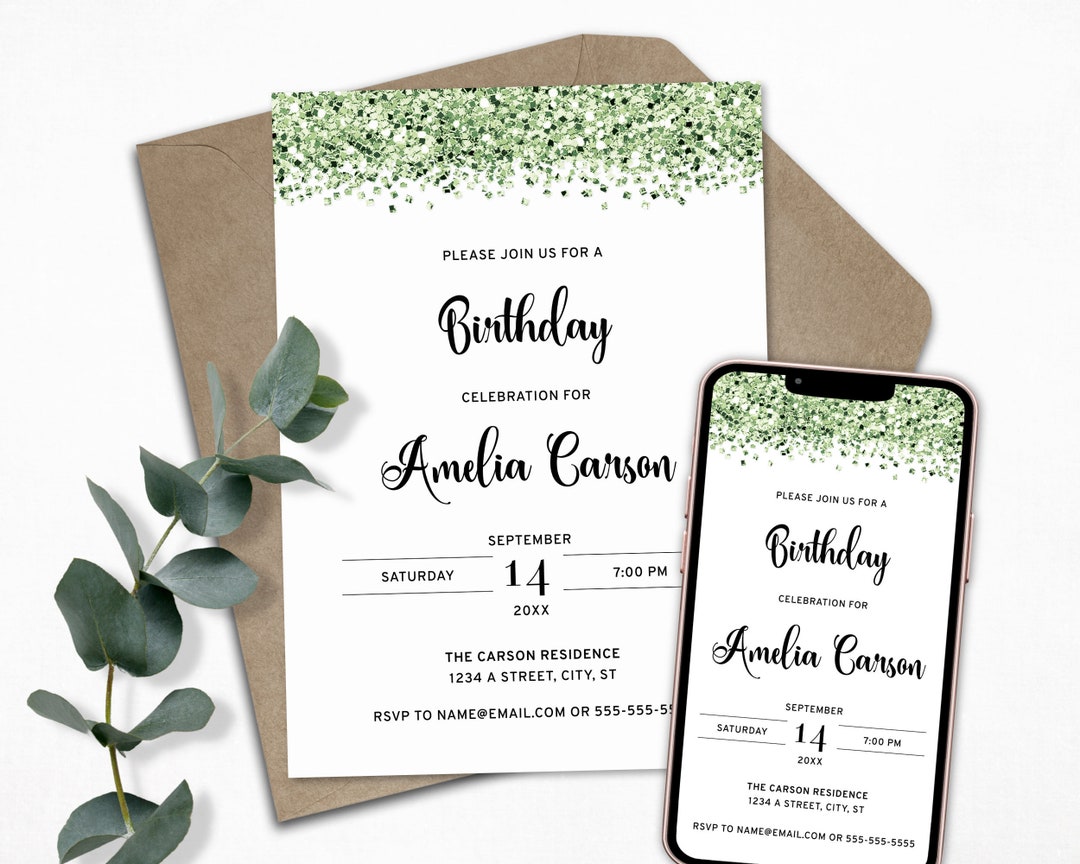 Light Green Birthday Party Invitation, Sparkling Glitter Invite for a ...