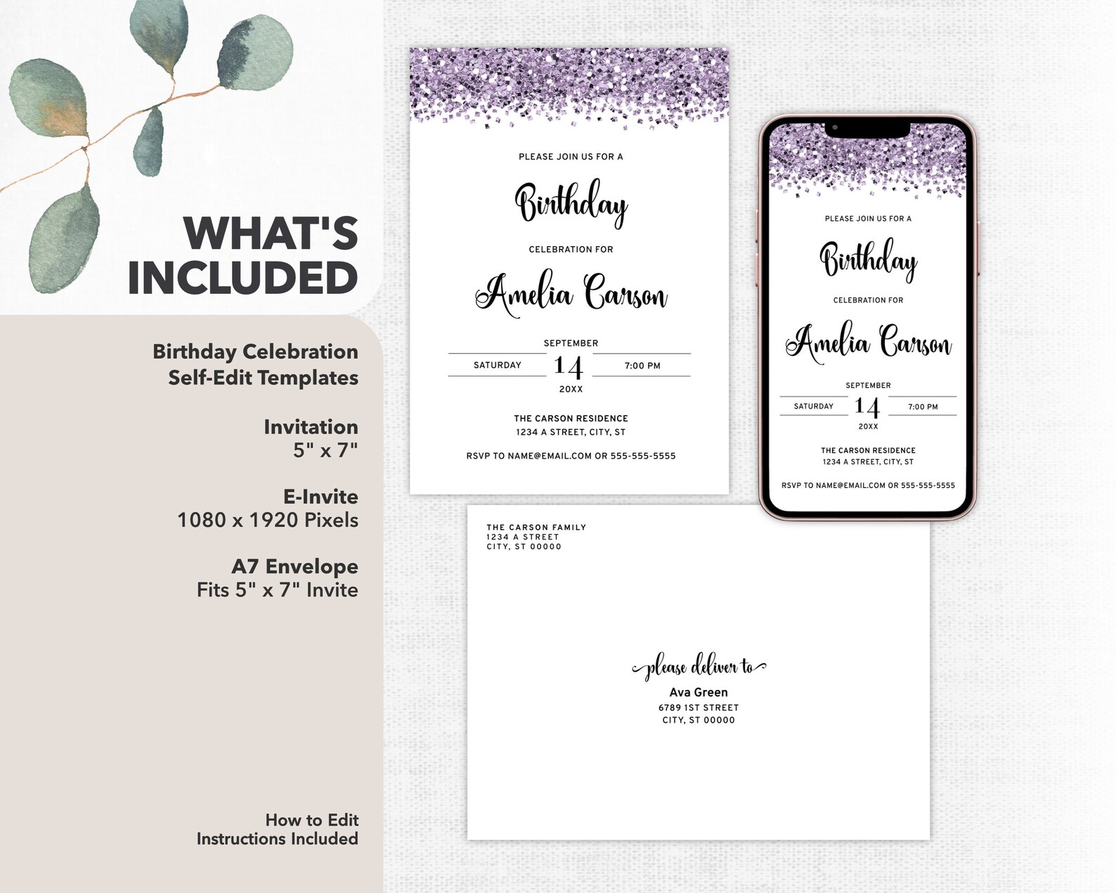 Lavender Birthday Party Invitation, Sparkling Glitter Invite for a Glam ...