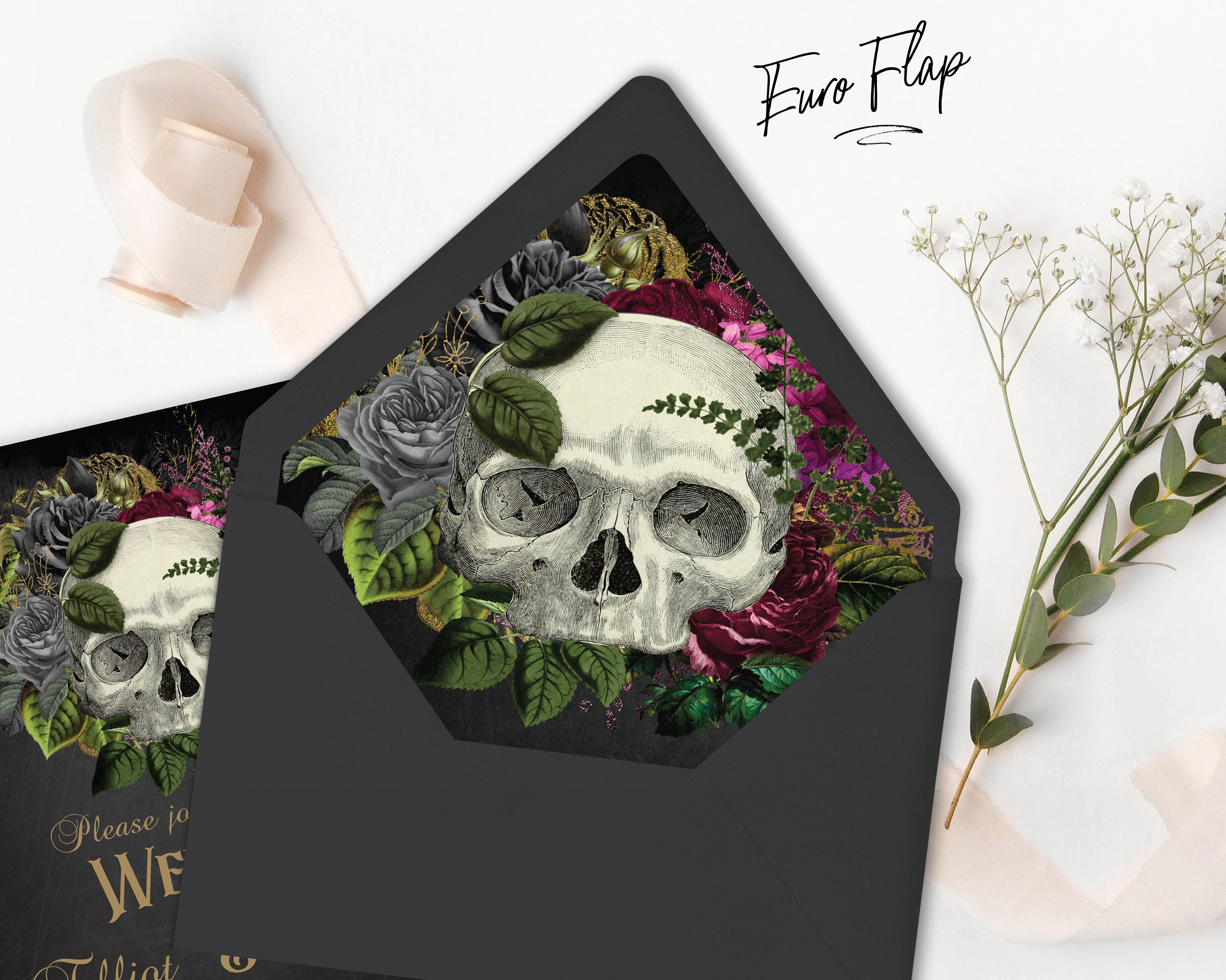 Goth Wedding Envelope Liners With a Masquerade Skull of Pink Flowers ...