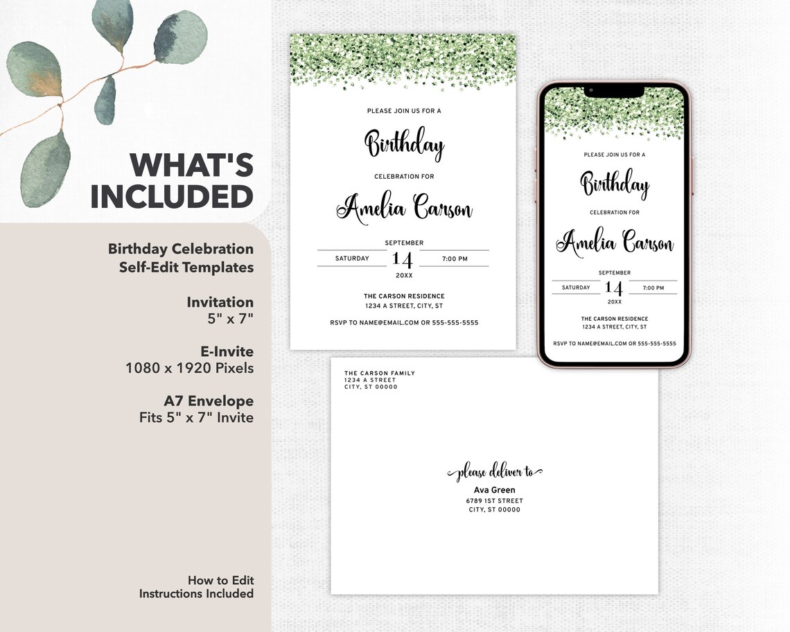 Light Green Birthday Party Invitation, Sparkling Glitter Invite for a ...