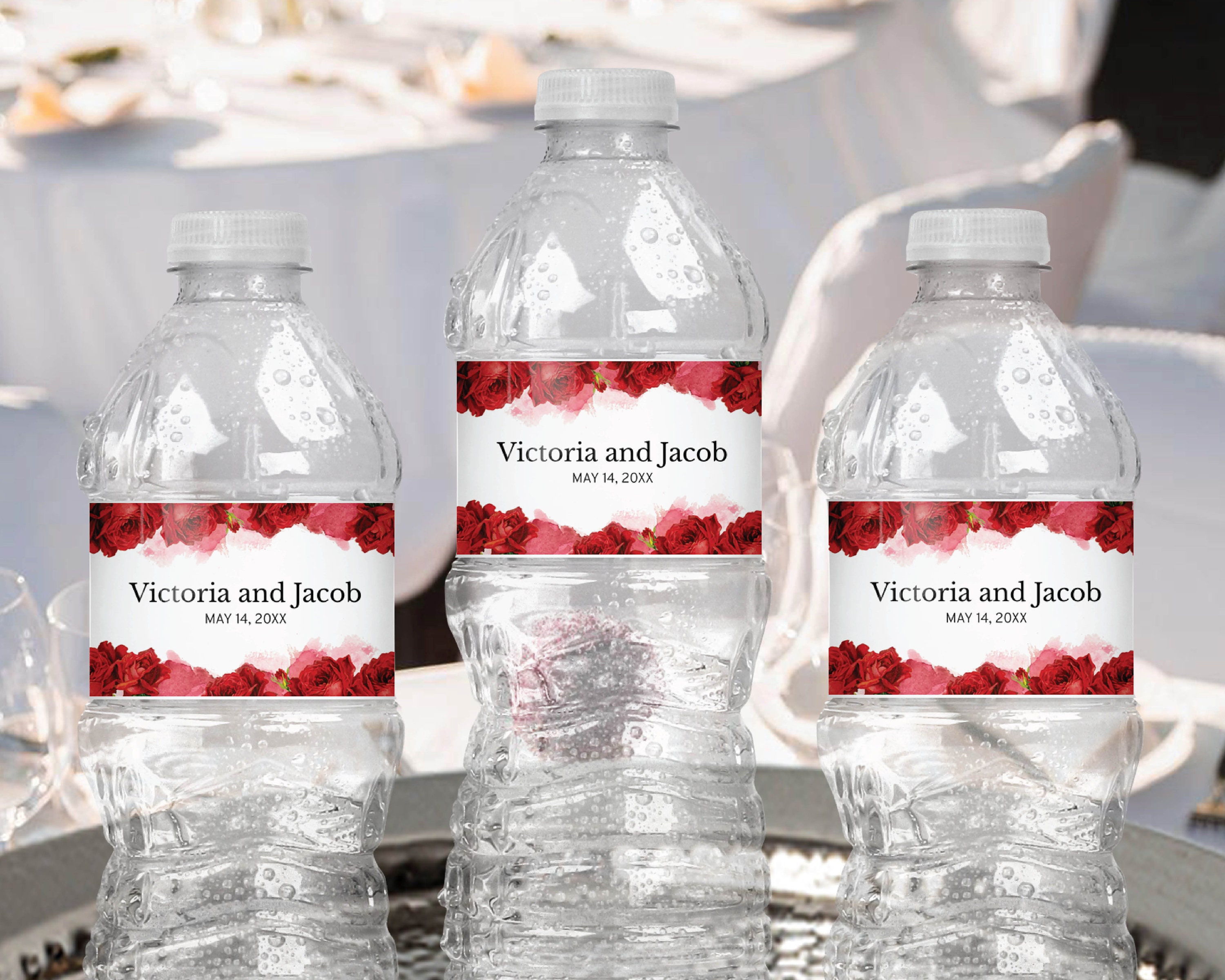 Wedding Water Bottle Labels With Red Roses and Red Watercolor, Romantic ...