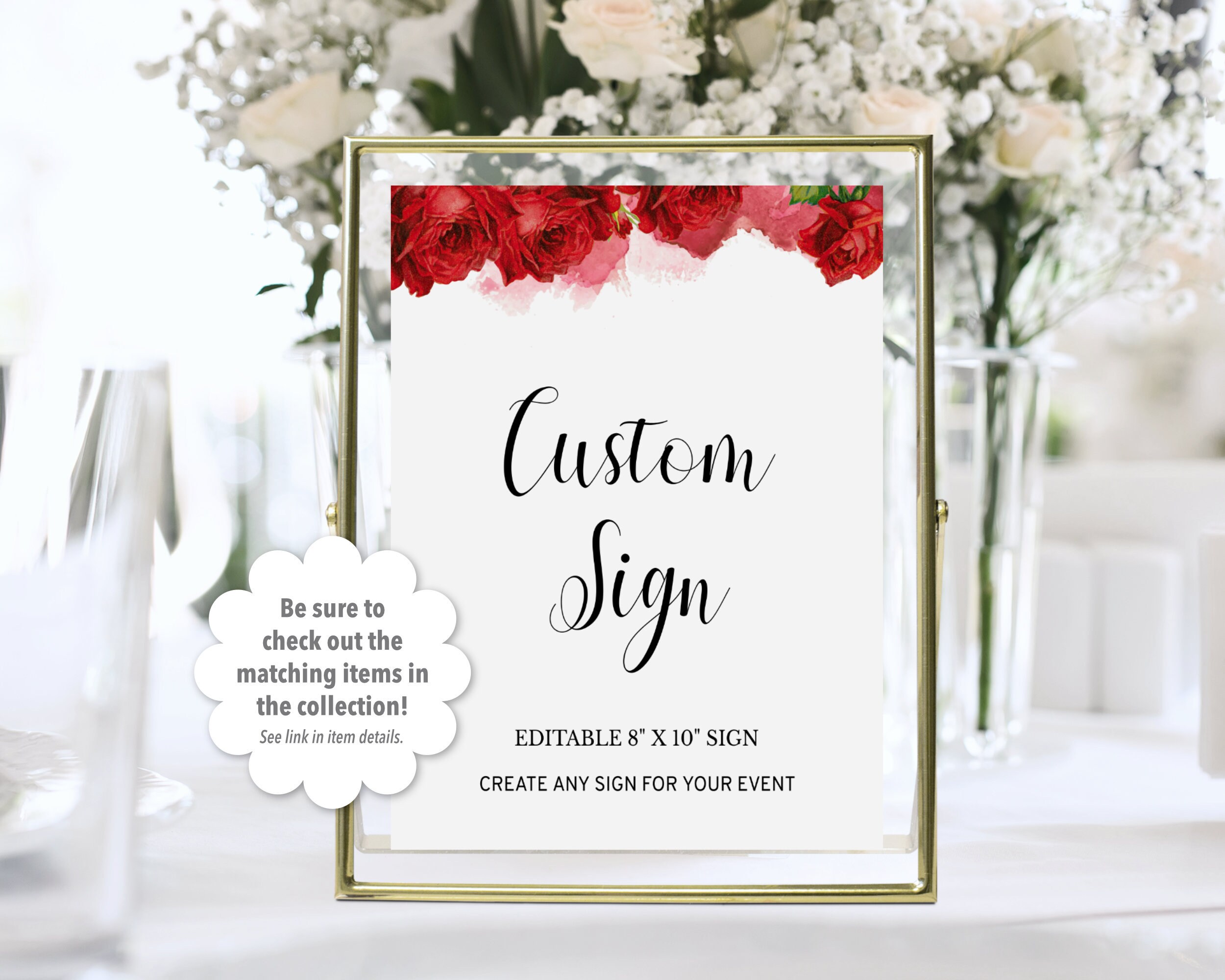 Red Custom Wedding Sign Template With Red Roses and Red Watercolor ...