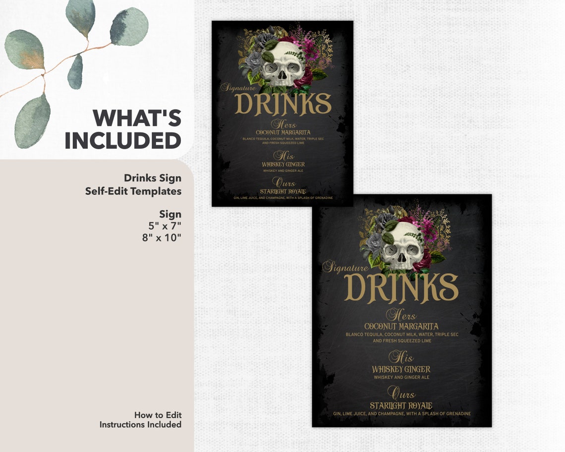 Goth Wedding Bar Menu With a Masquerade Skull of Pink Flowers and Black ...