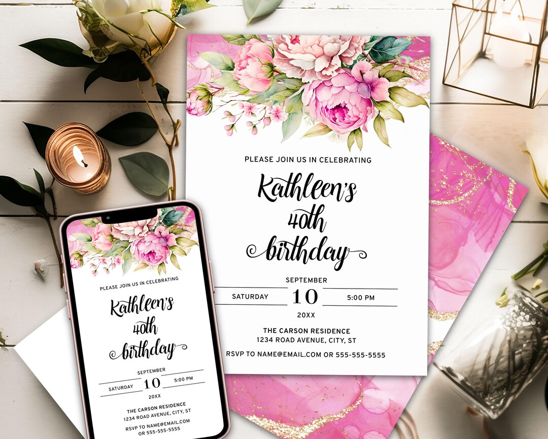 Pink Floral Birthday Party Invitation Template With Pink Watercolor ...