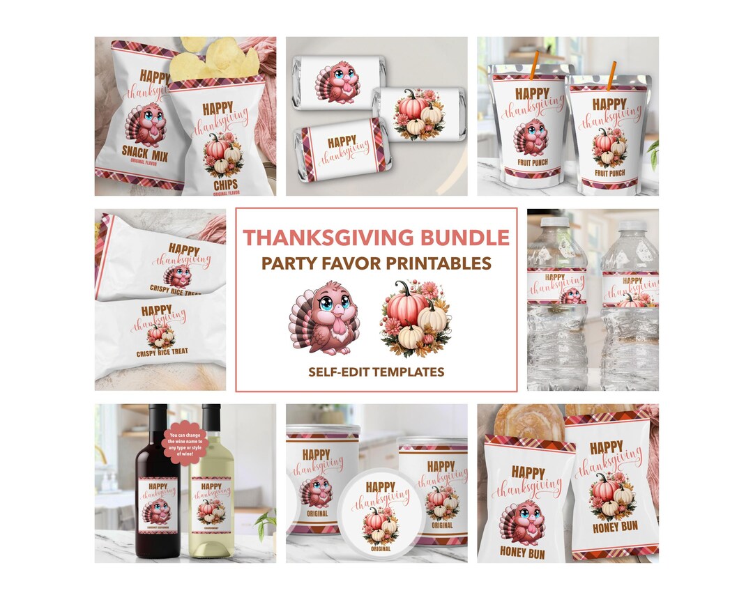 Thanksgiving Party Printables Bundle of Templates With Pink and White ...