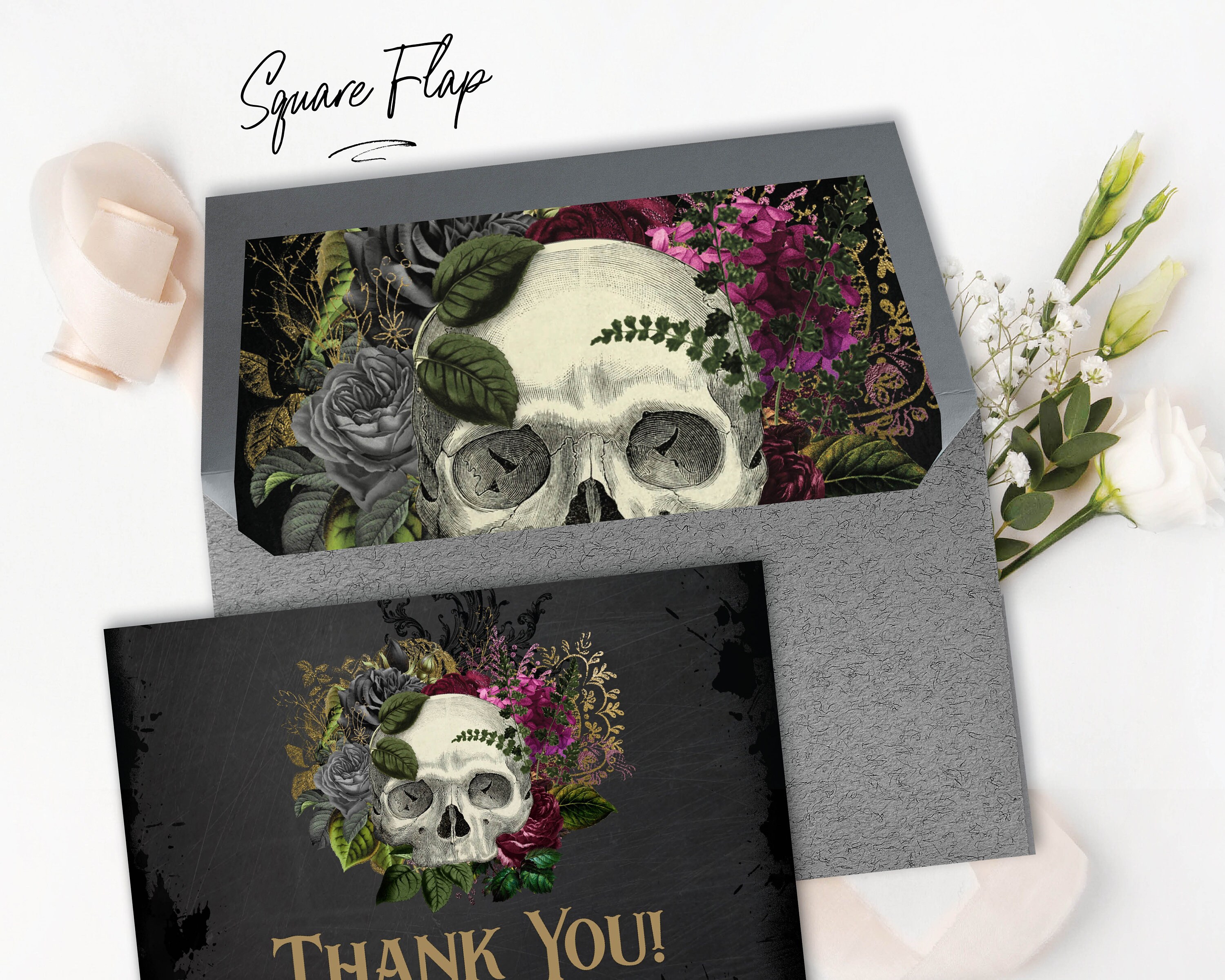 Goth Wedding Envelope Liners With a Masquerade Skull of Pink Flowers ...