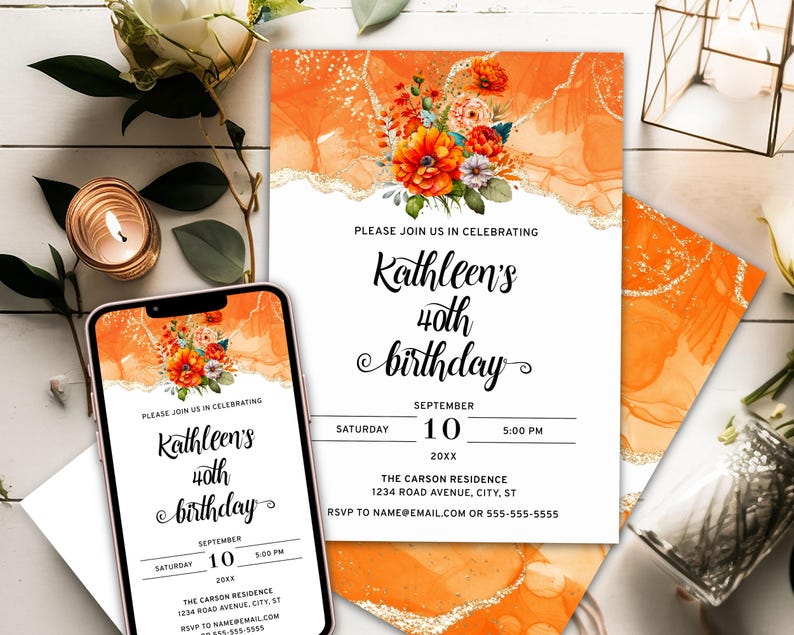 Orange Floral Birthday Party Invitation Template With Orange Watercolor ...