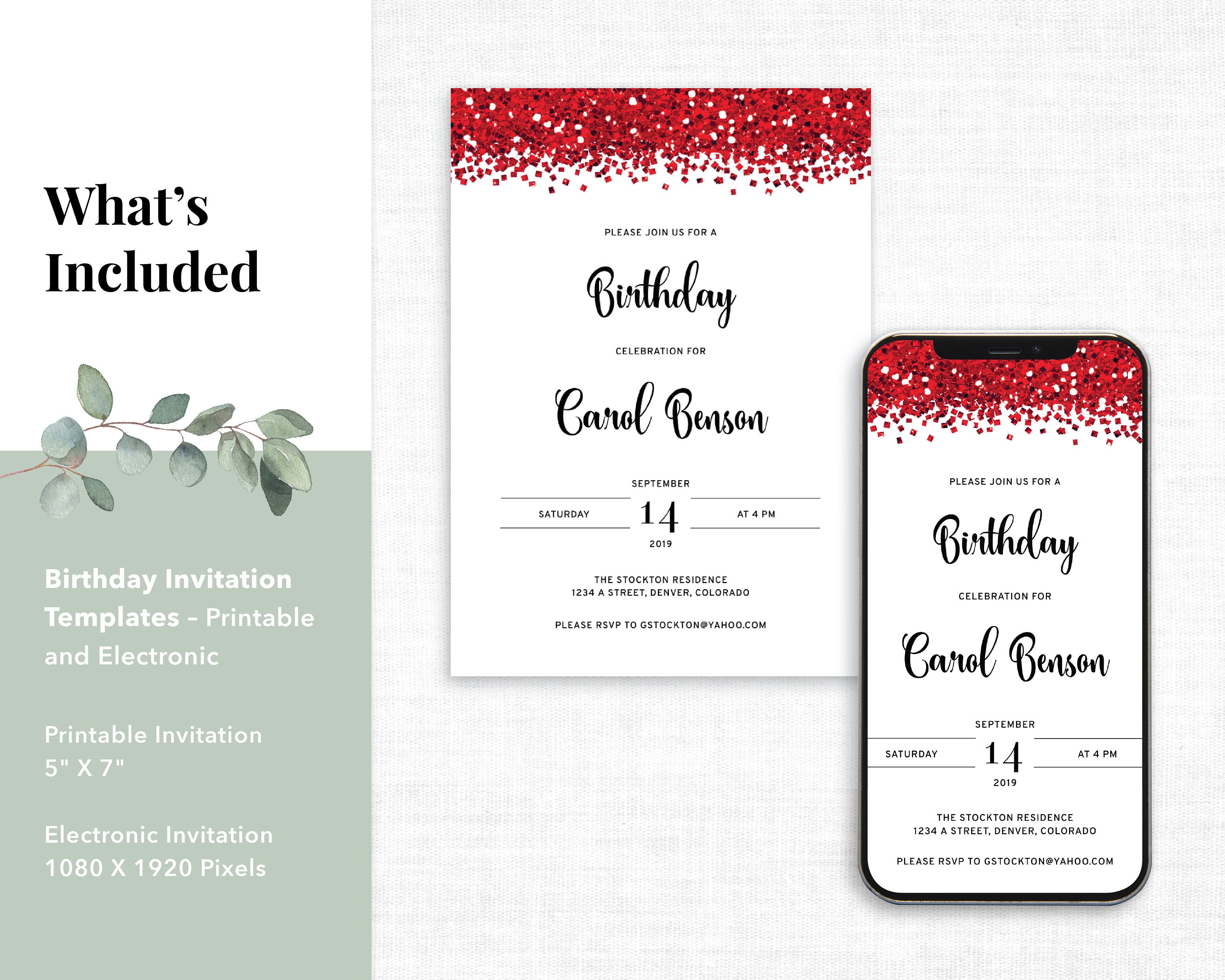 Red Birthday Party Invitation, Sparkling Glitter Invite for a Glam ...