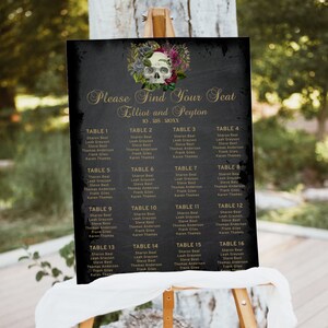 Goth Wedding Seating Chart With a Masquerade Skull of Pink Flowers and ...