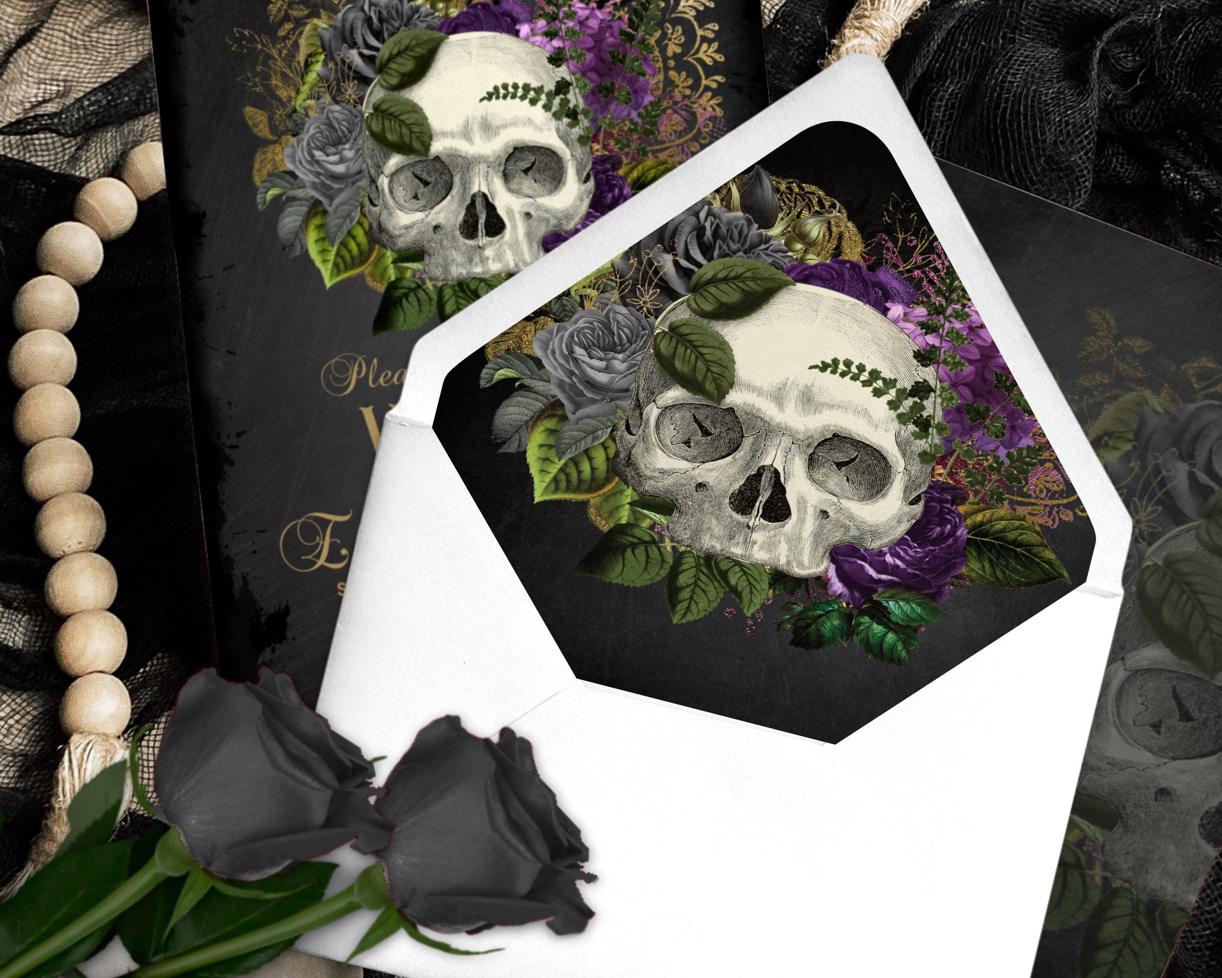 Goth Wedding Envelope Liners With a Masquerade Skull of Purple Flowers ...