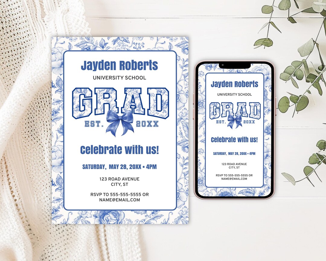 Blue Toile Graduation Invitation Template – High School or College ...